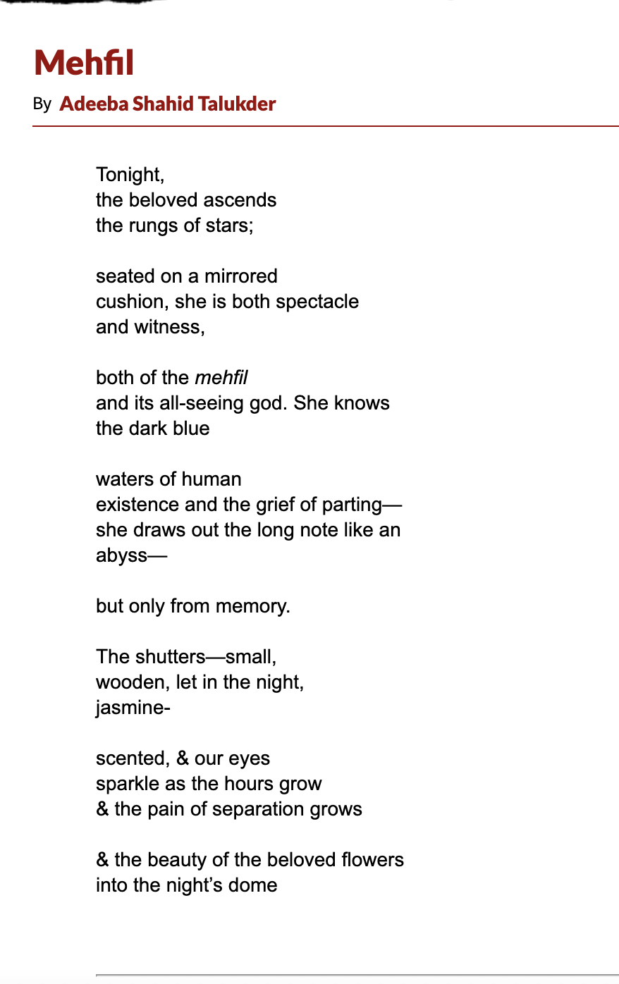 “Mehfil” as Split This Rock’s Poem of the Week – Adeeba Shahid Talukder